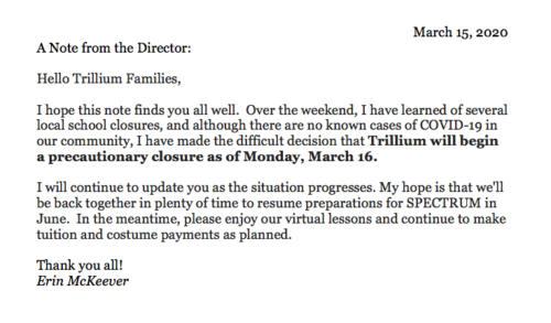 Studio Closure Announcement | Trillium Dance Studios